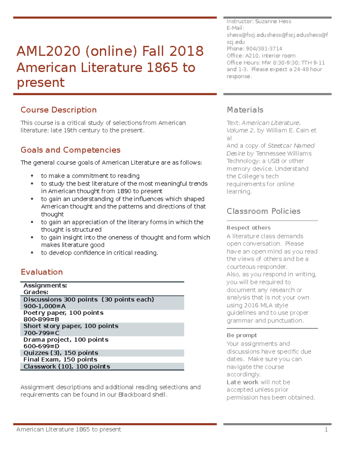 AML2020 American Literature Syllabus: Fall 2018 Overview - Studocu