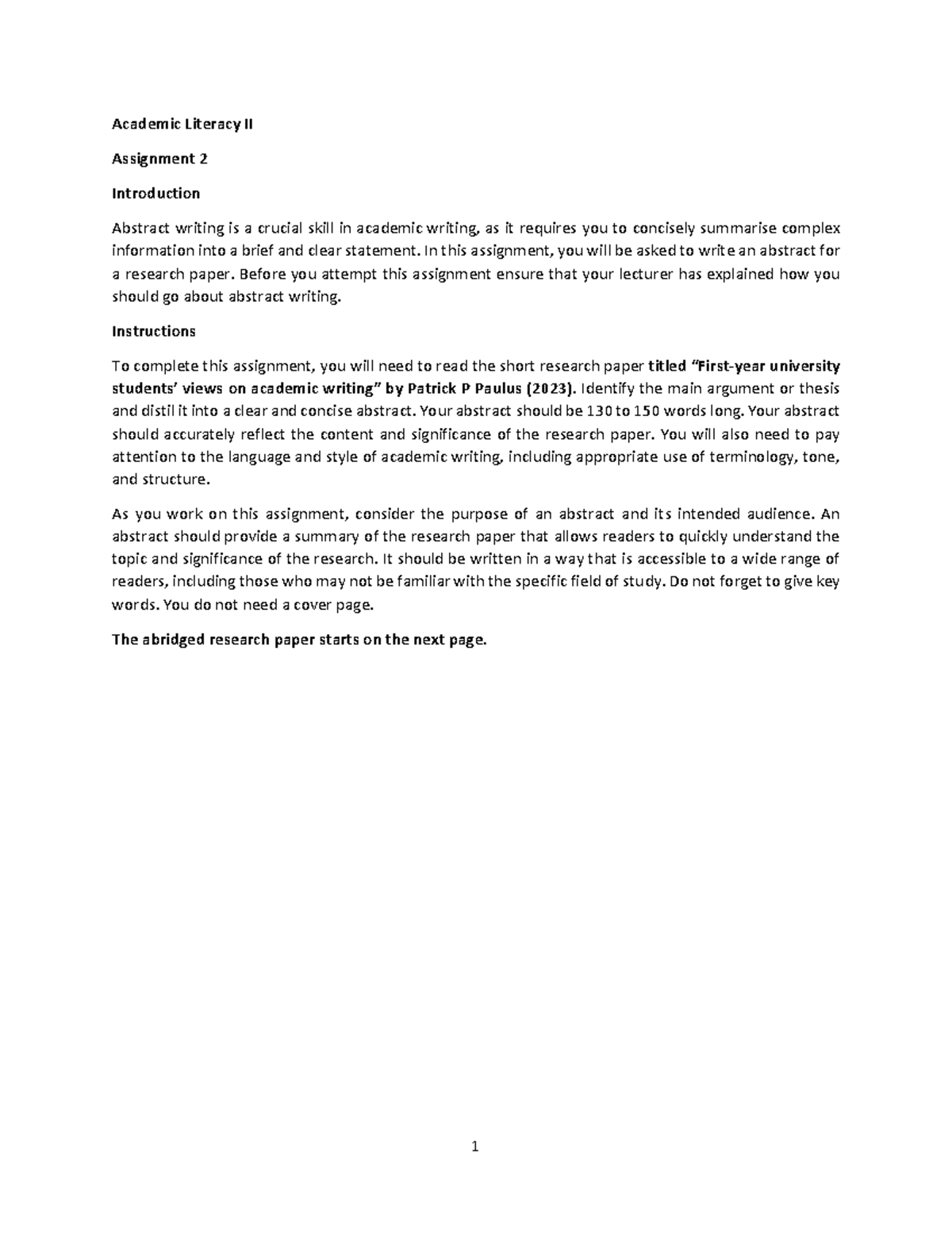 Academic Literacy II: Abstract Writing Assignment 2 - Studocu