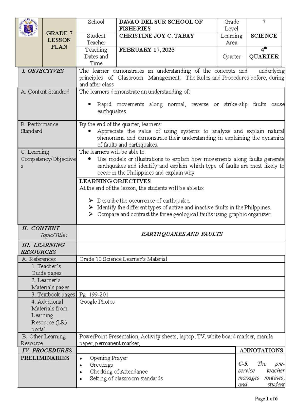 Grade 7 Science Lesson Plan: Understanding Earthquakes and Faults - Studocu