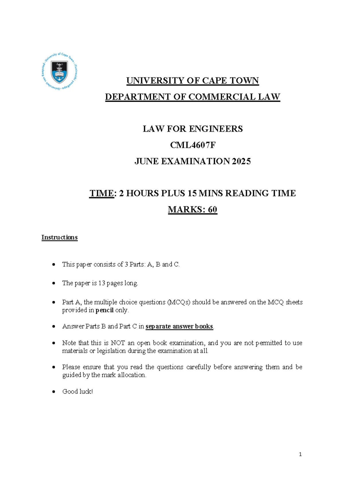 CML4607F June Exam 2025 - Law for Engineers - Studocu