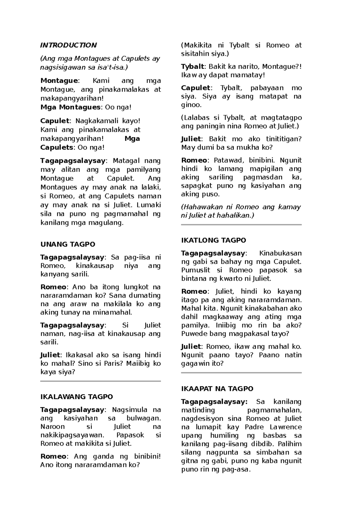 Script ng "Romeo at Juliet": isang Trahedya ng Pag-ibig - Studocu