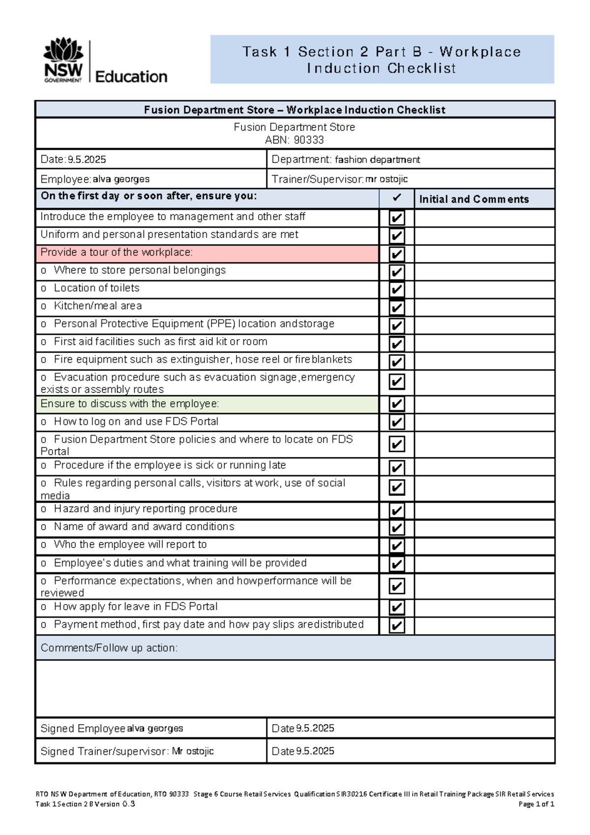 Task 1 S2B - Workplace Induction Checklist for Fusion Dept Store - Studocu