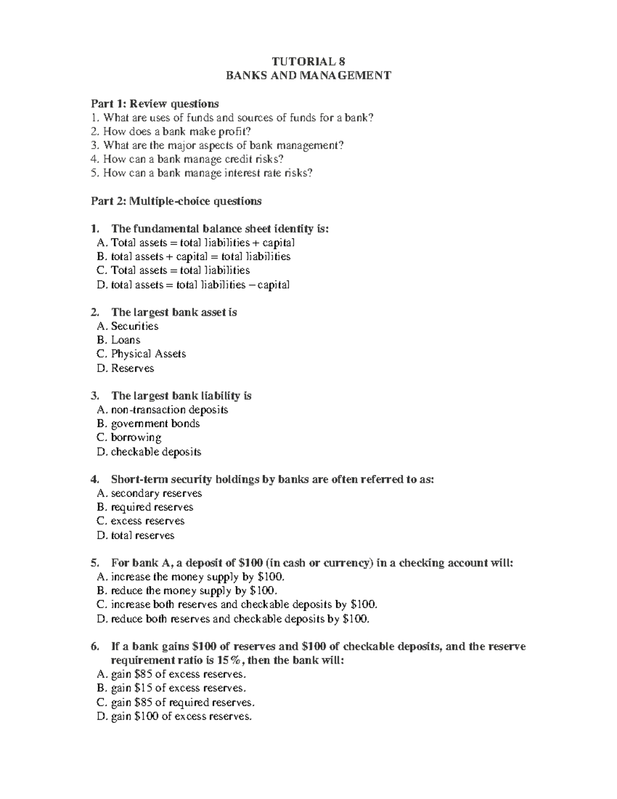 Tutorial 8 questions - TUTORIAL 8 BANKS AND MANAGEMENT Part 1: Review ...