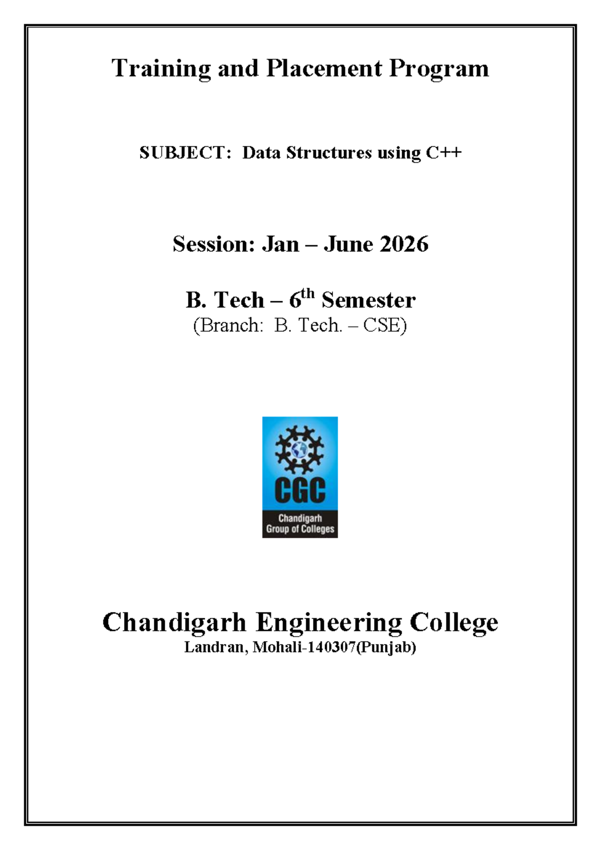 B. Tech CSE 6th Sem Data Structures Syllabus & Lecture Plan (Jan-June 2026) - Studocu