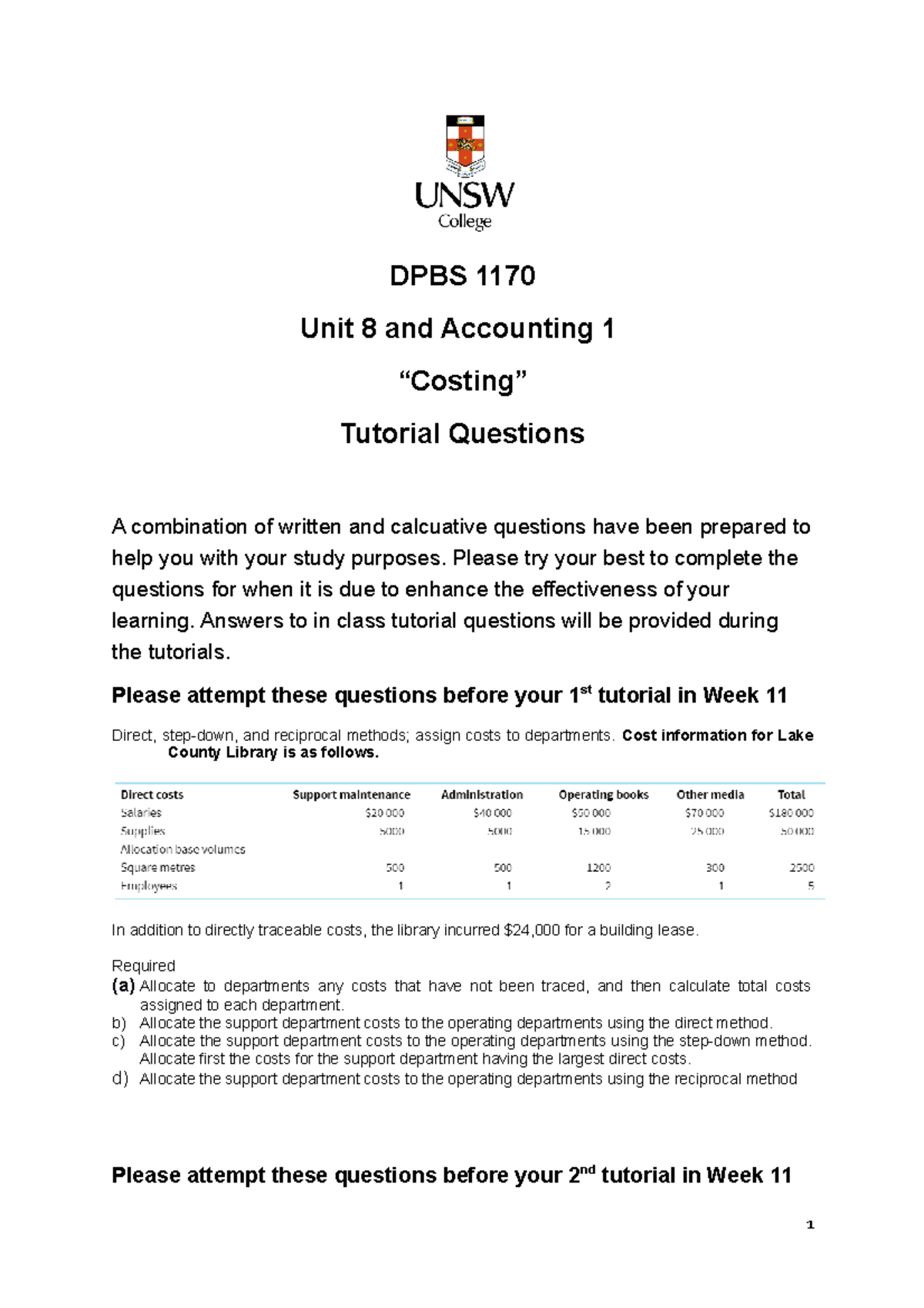 DPBS1170 Week 11 Tutorial Questions - DPBS 1170 Unit 8 and Accounting 1 “Costing” Tutorial ...