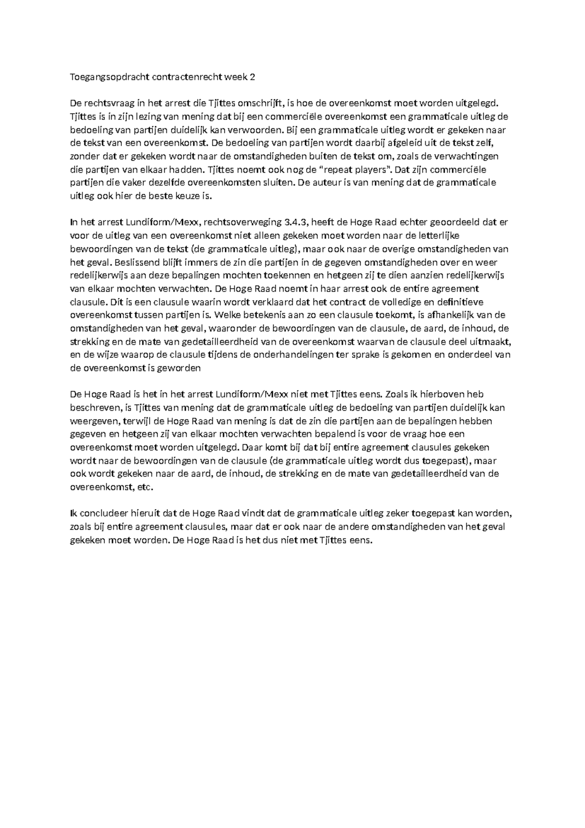 Toegangsopdracht Contractenrecht Week 2: Uitleg van Overeenkomsten ...