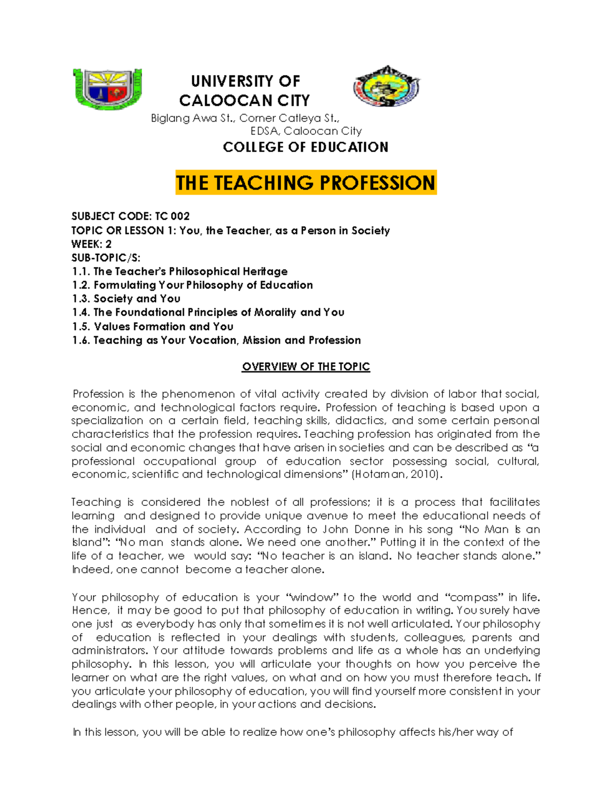 Module 1: Understanding the Teaching Profession and Your Role (TC 002 ...