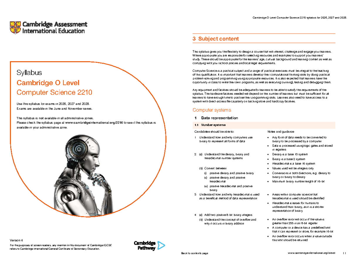 Cambridge O Level Computer Science 2210 Syllabus Overview for 2026-2028 ...