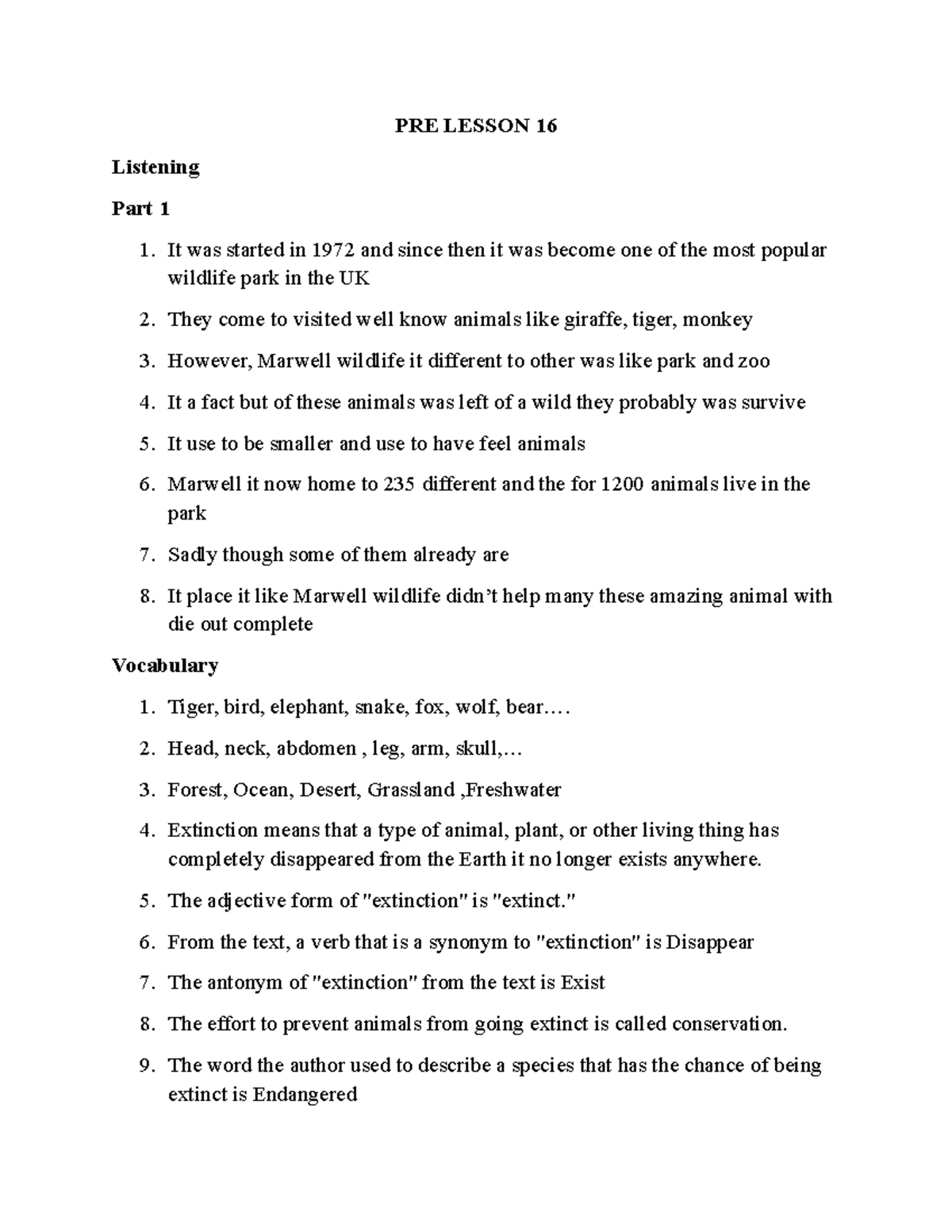 PRE LESSON 16: Wildlife Conservation and Vocabulary Insights - Studocu