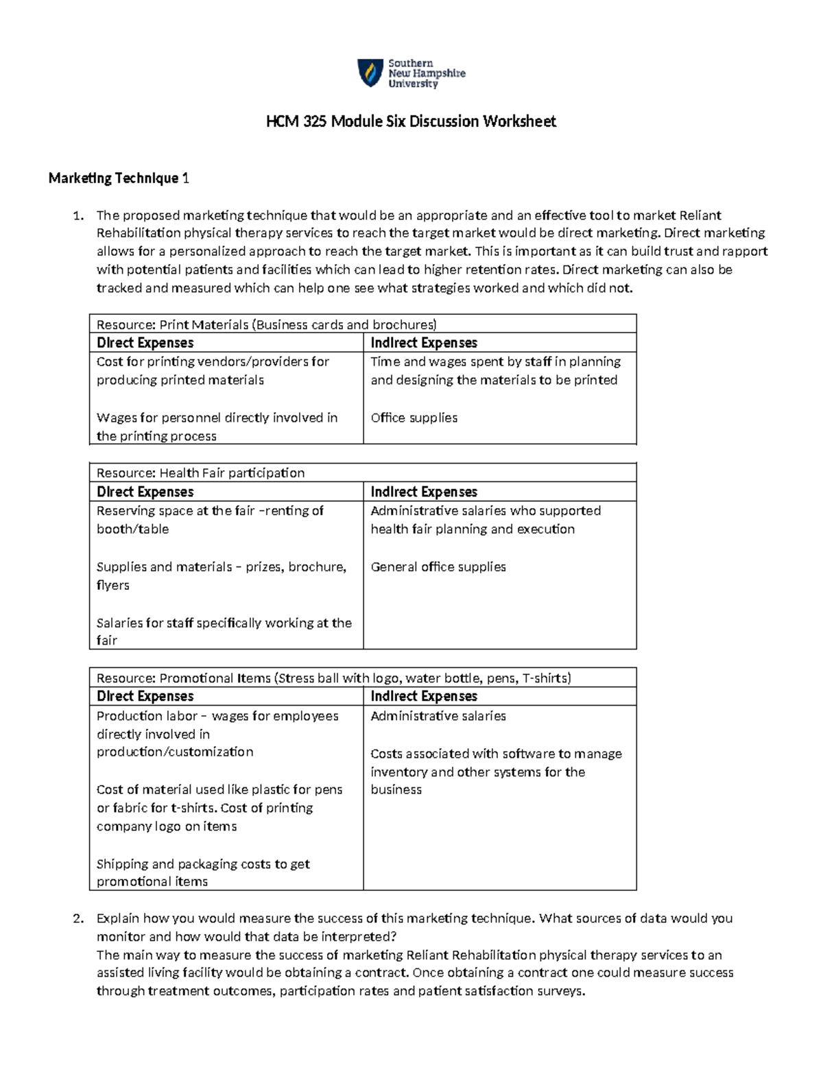 HCM 325 Module 6 Discussion: Effective Marketing Techniques for Reliant ...