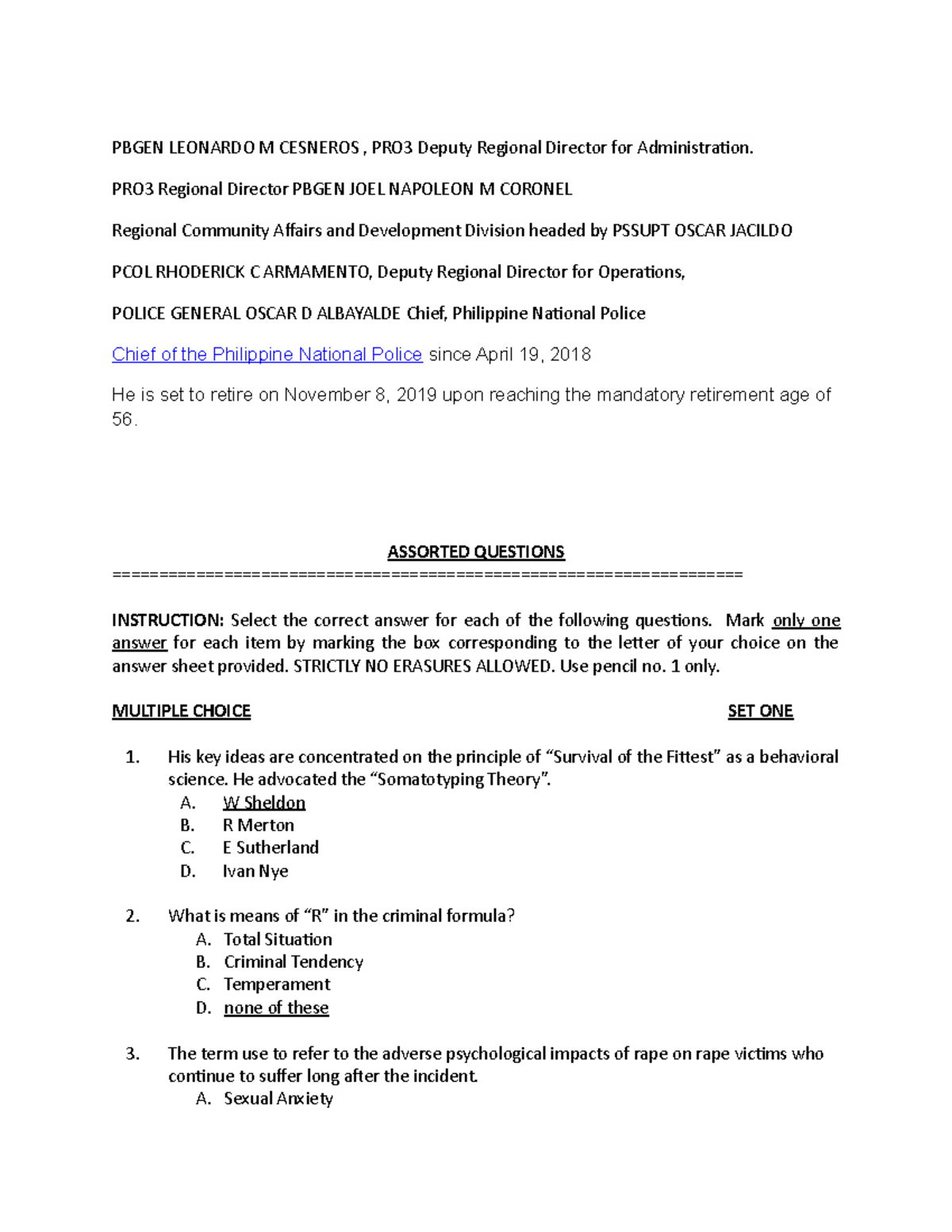 Napolcom Reviewer 1: Answer Key & Review Questions Summary - Studocu