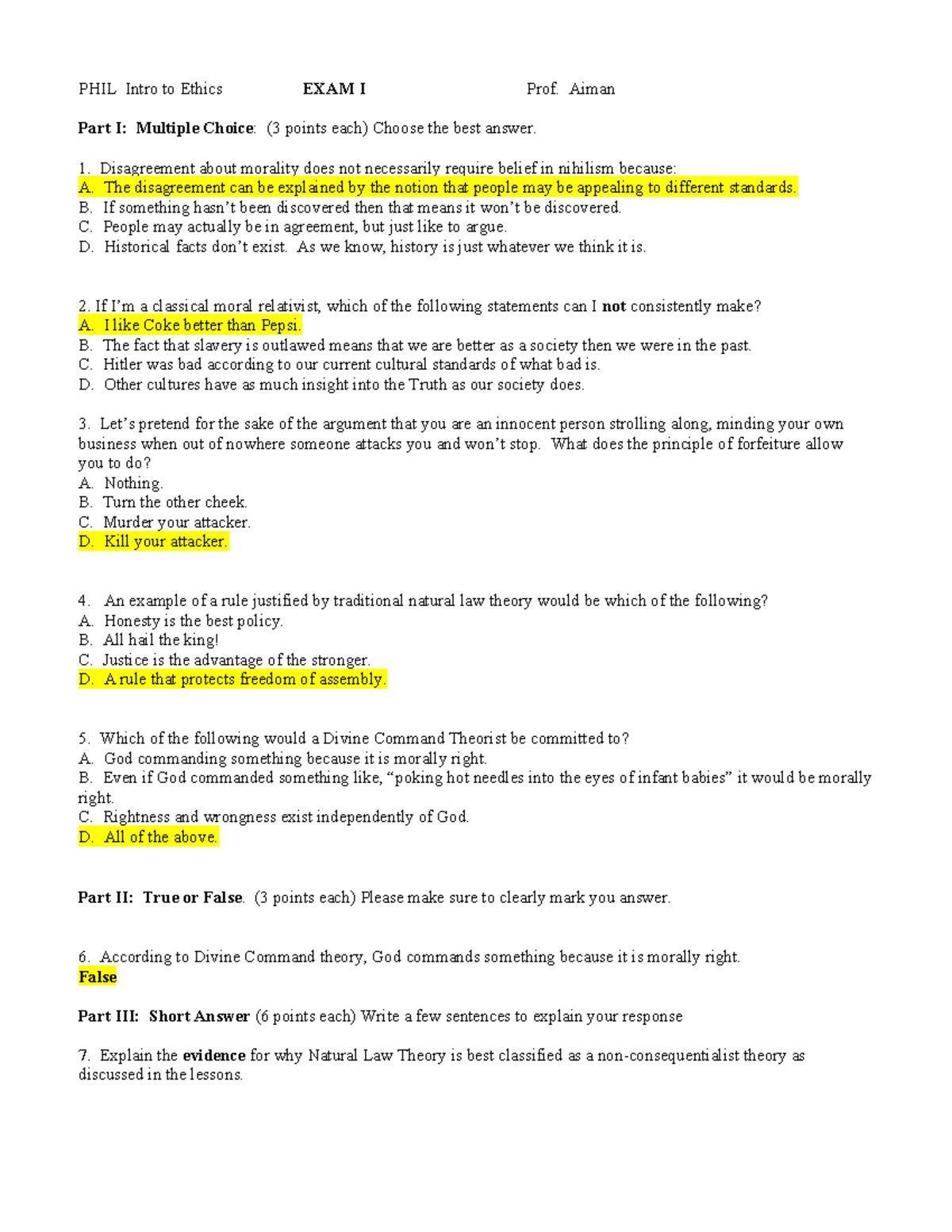 PHIL 101 Intro to Ethics Exam I: Multiple Choice & Short Answer - Studocu