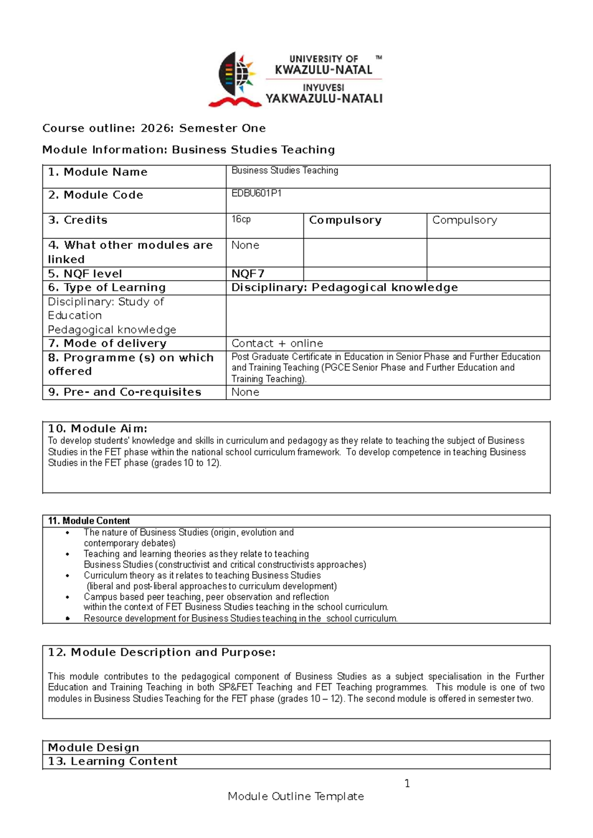 EDBU601P1: Business Studies Teaching Module Outline for Semester One ...