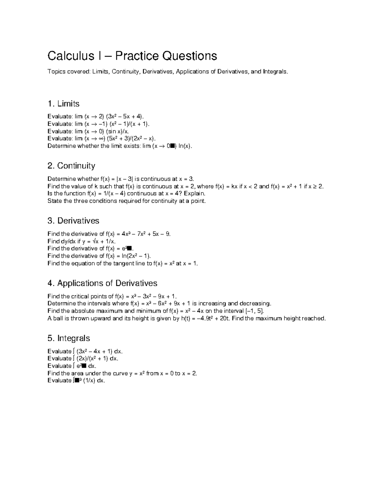 Calculus I Practice Questions: Limits, Derivatives & Integrals - Studocu