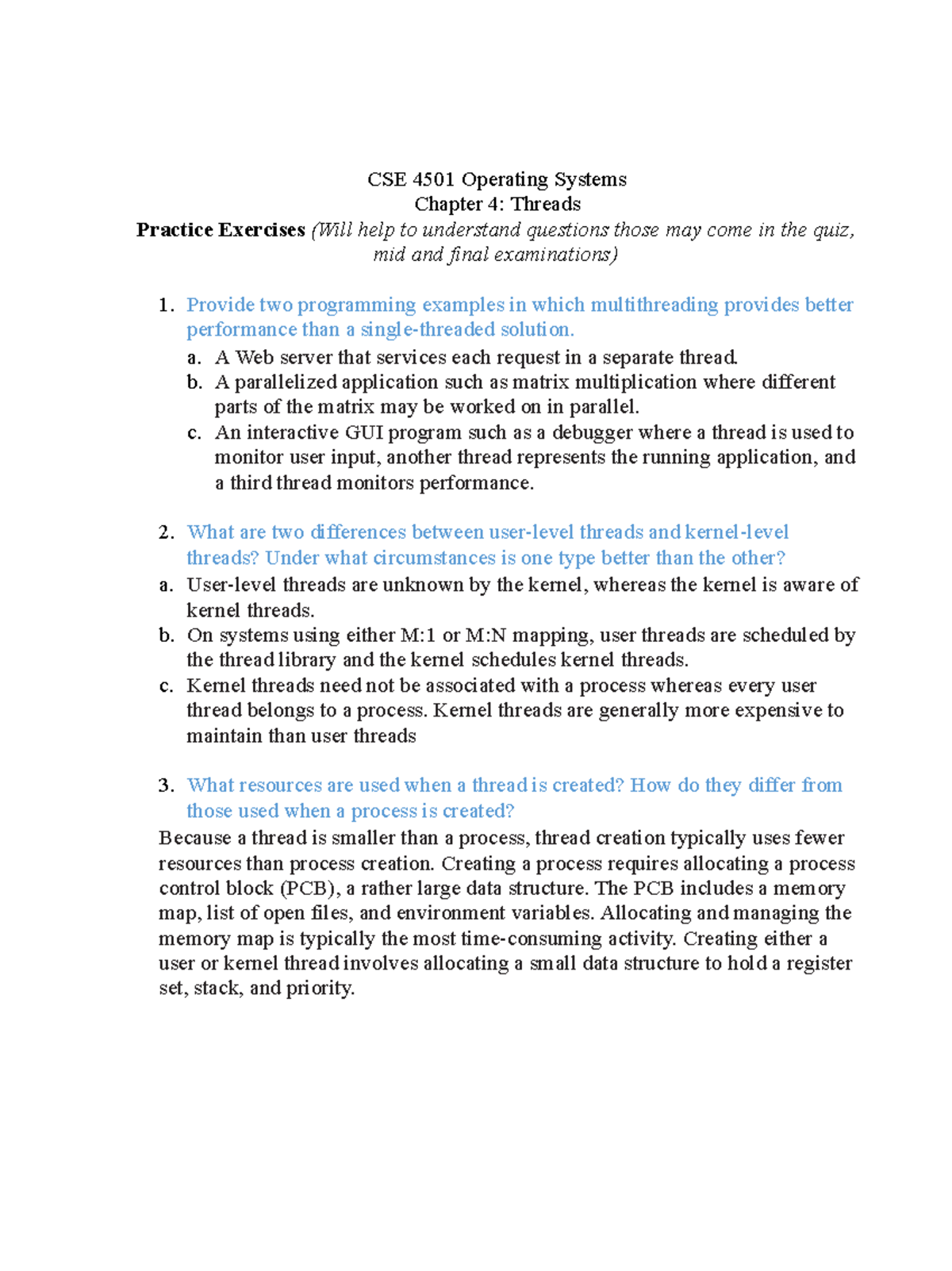 OS CHAP4 Question Answers - CSE 4501 Operating Systems Chapter 4: Threads Practice Exercises ...