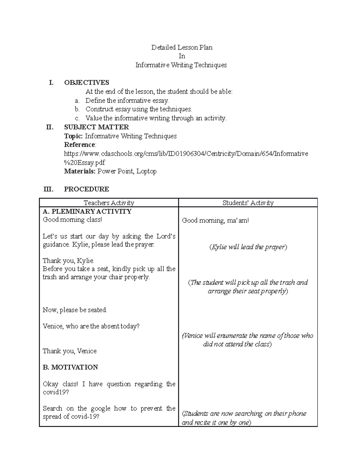 Informative Writing Techniques - Detailed Lesson Plan In Informative ...