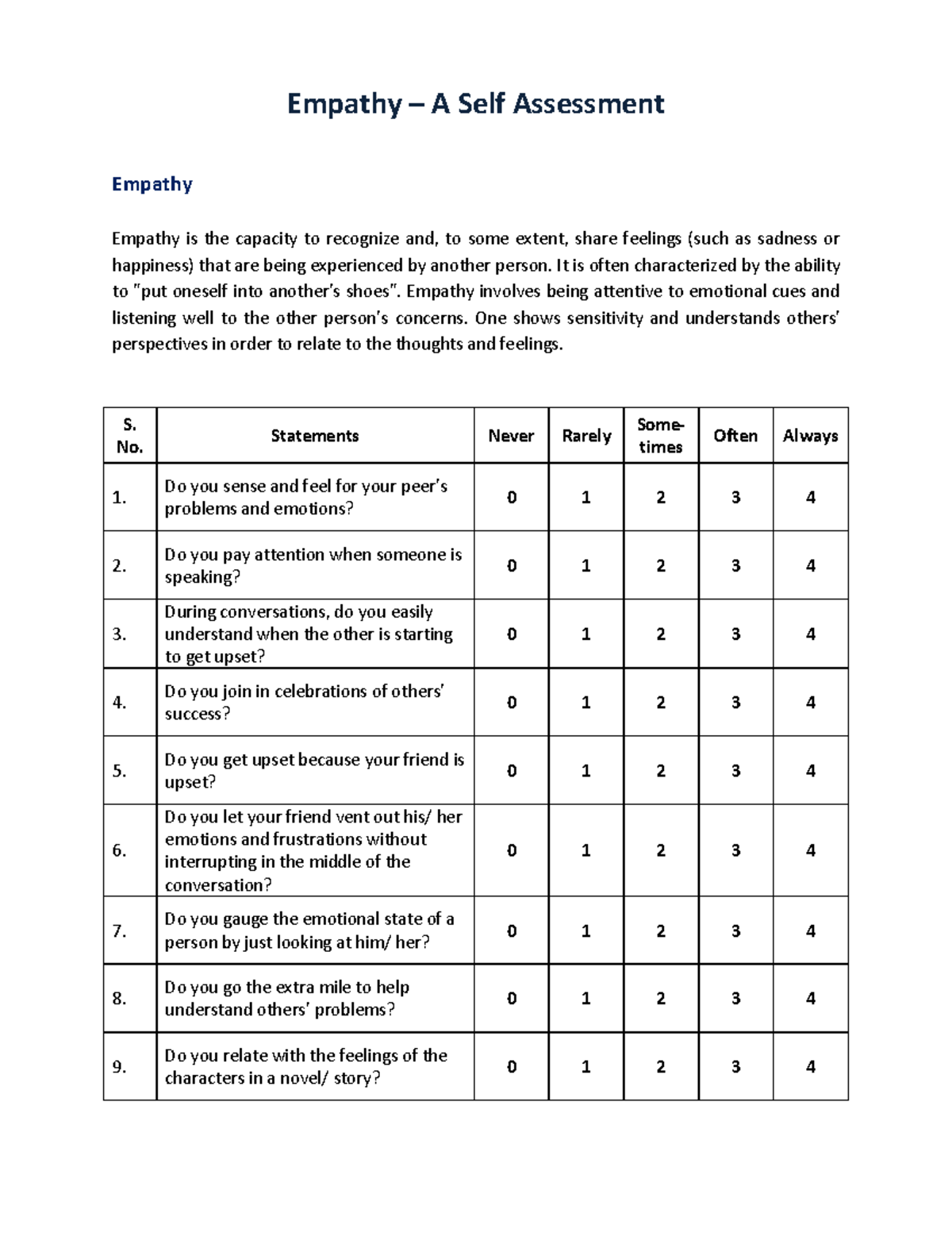 Empathy - Questionnaire - Empathy – A Self Assessment Empathy Empathy ...