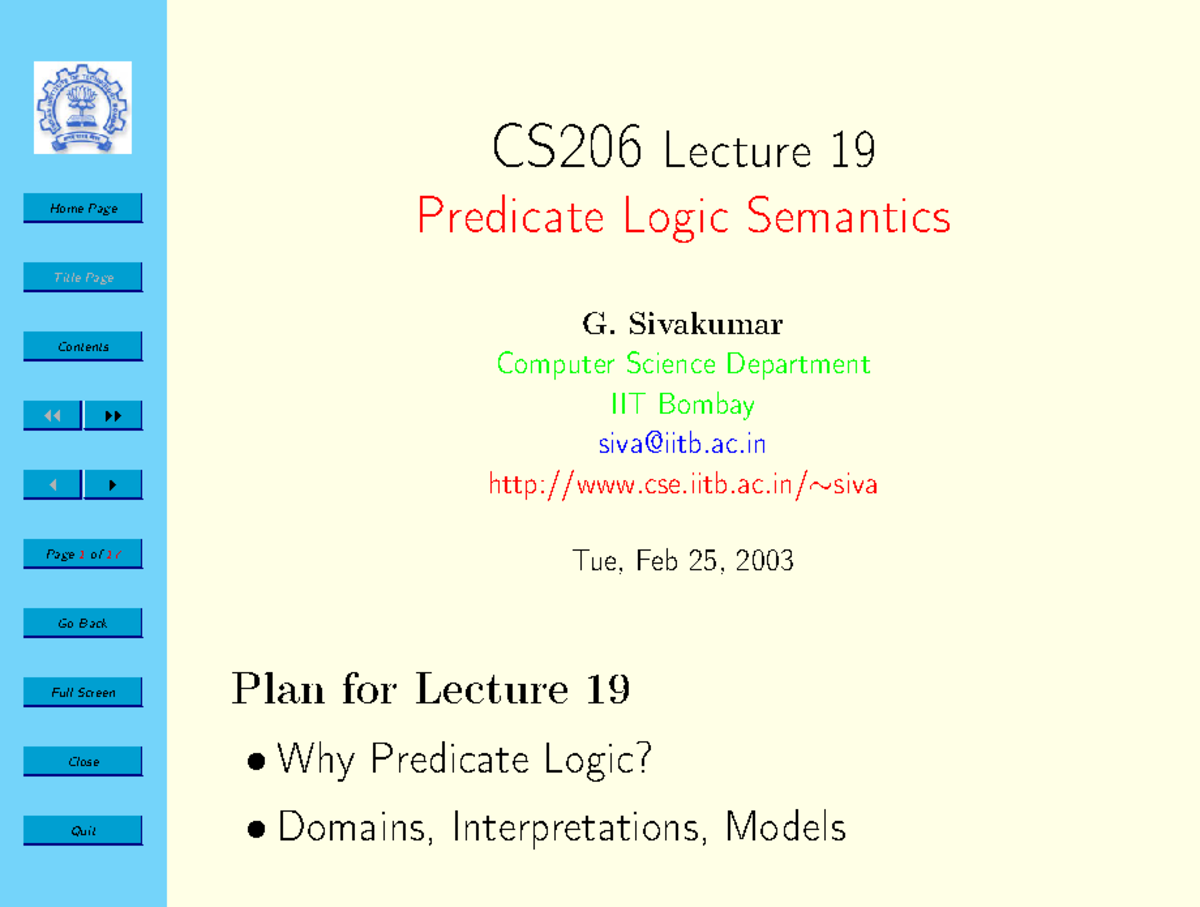 CS206 Lecture 19: Predicate Logic Syntax and Semantics - Studocu
