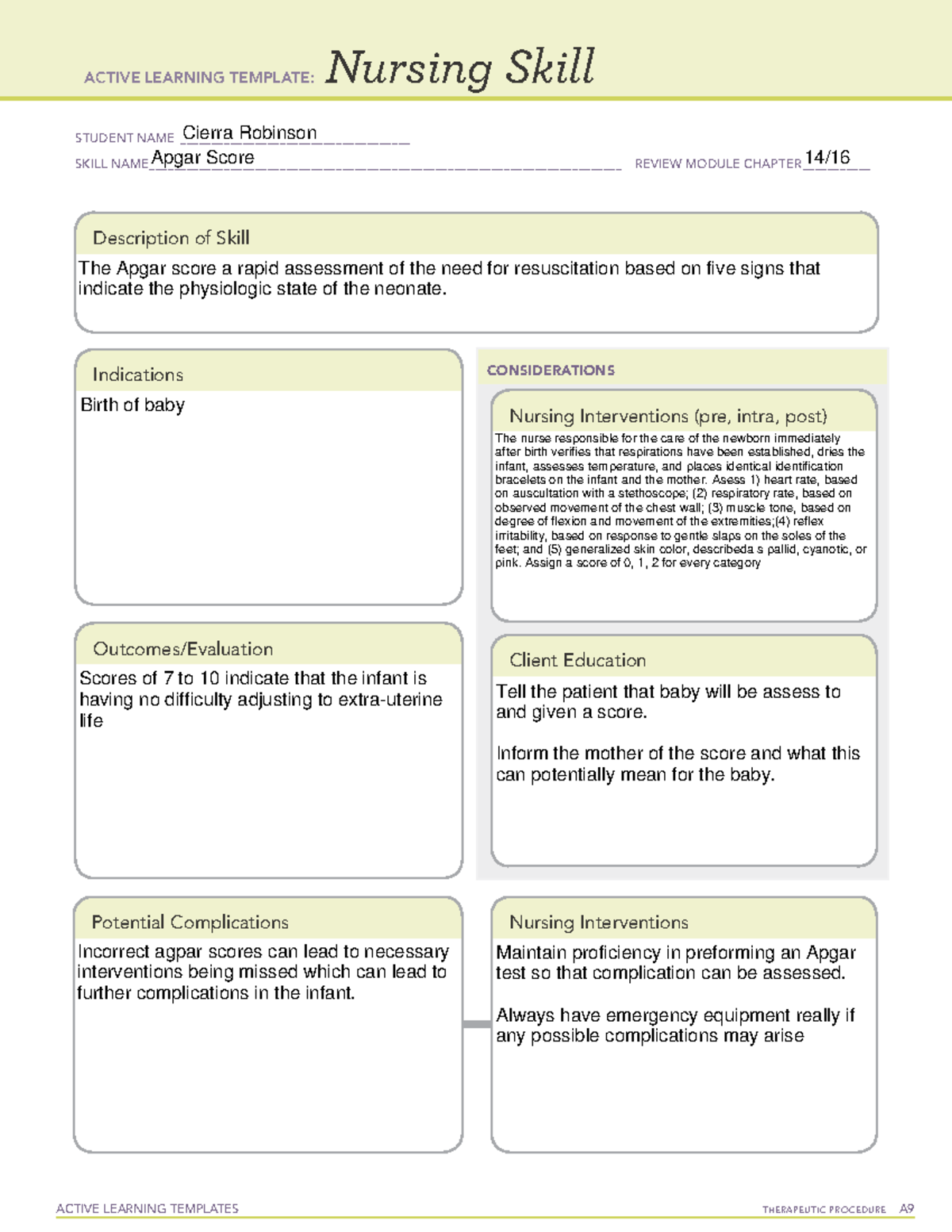 Apgar Score Nursing Skill - ATI Active Learning Template - Studocu