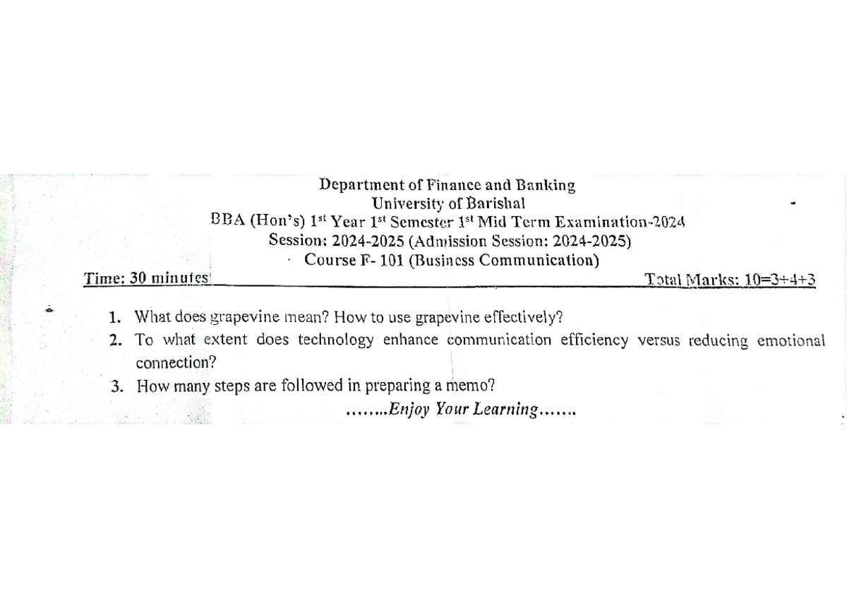 BBA 1st Year 1st Semester Midterm Exam Questions (Course 101) - Studocu
