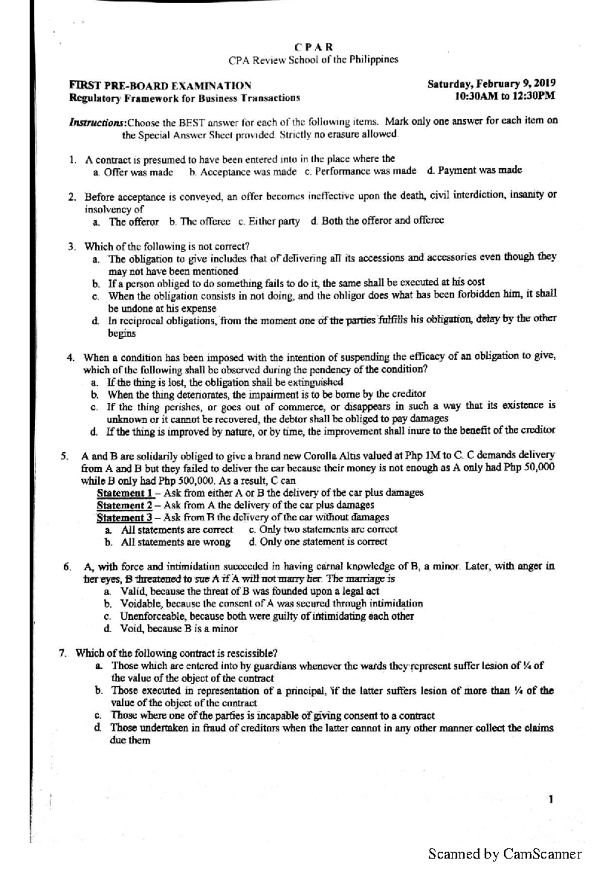 CPAR 85 1ST Preaboards: Regulatory Framework for Business Transactions Exam - Studocu