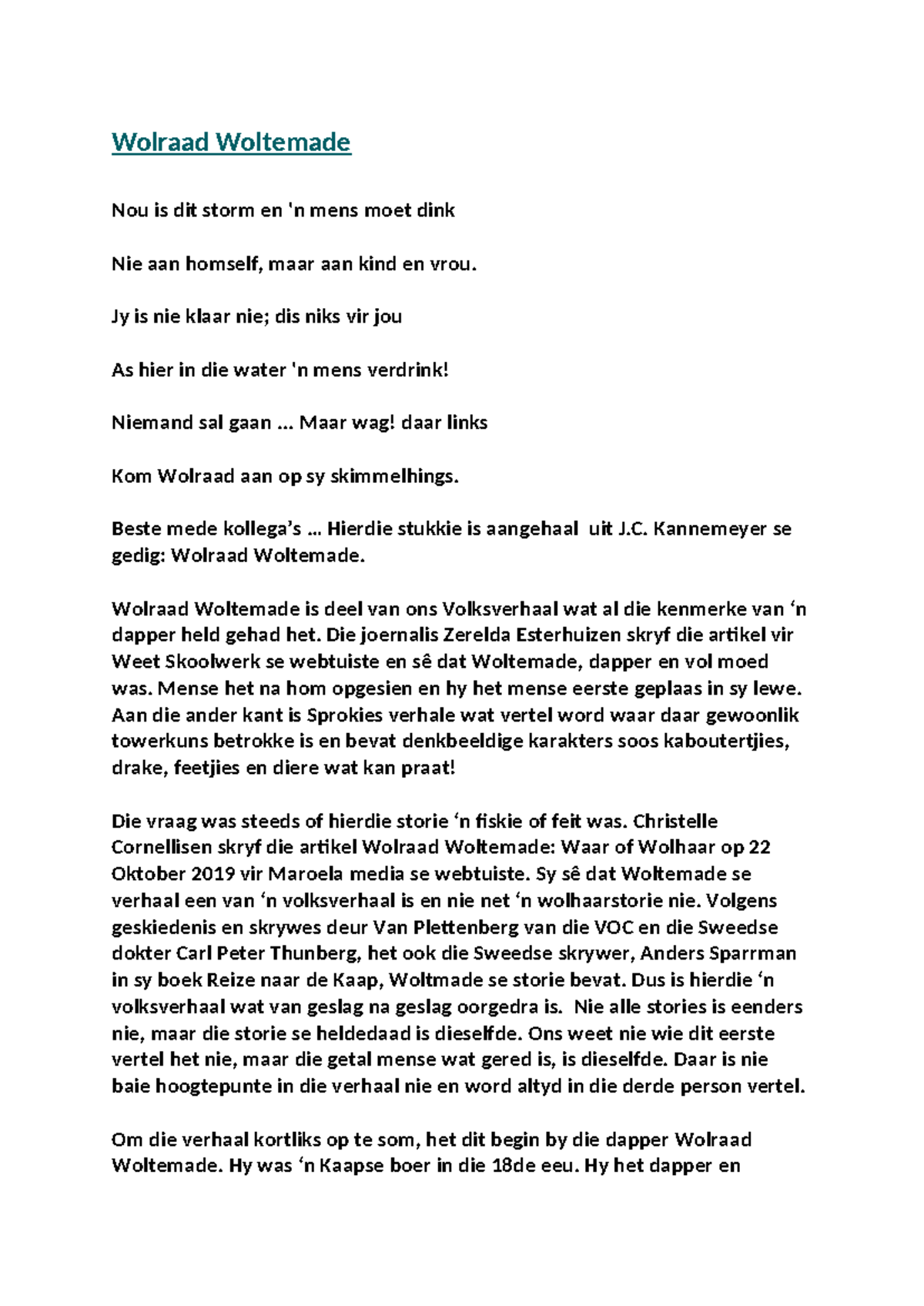 Wolraad Woltemade: 'n Volksverhaal van Dapperheid en Moed - Studocu