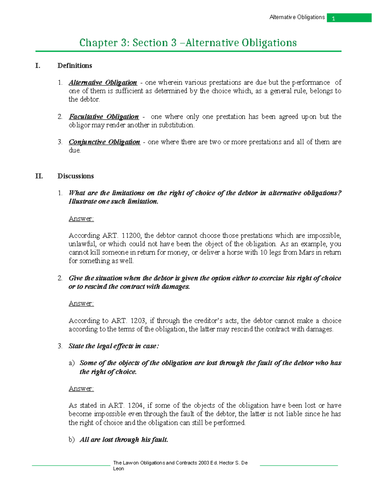 Alternative Obligations I: Chapter 3 Q&A on Definitions and Limitations ...