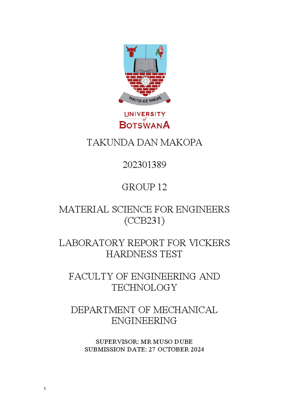 CCB231 Lab Report: Vickers Hardness Test on Mild Steel - Studocu
