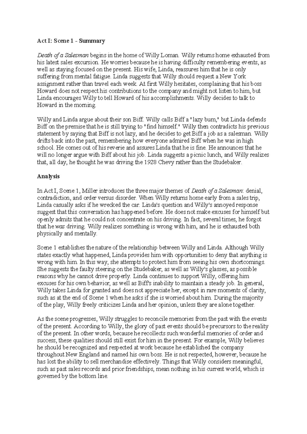 Detailed summary and Analysis - Death of a Sales man - Act I: Scene 1 ...