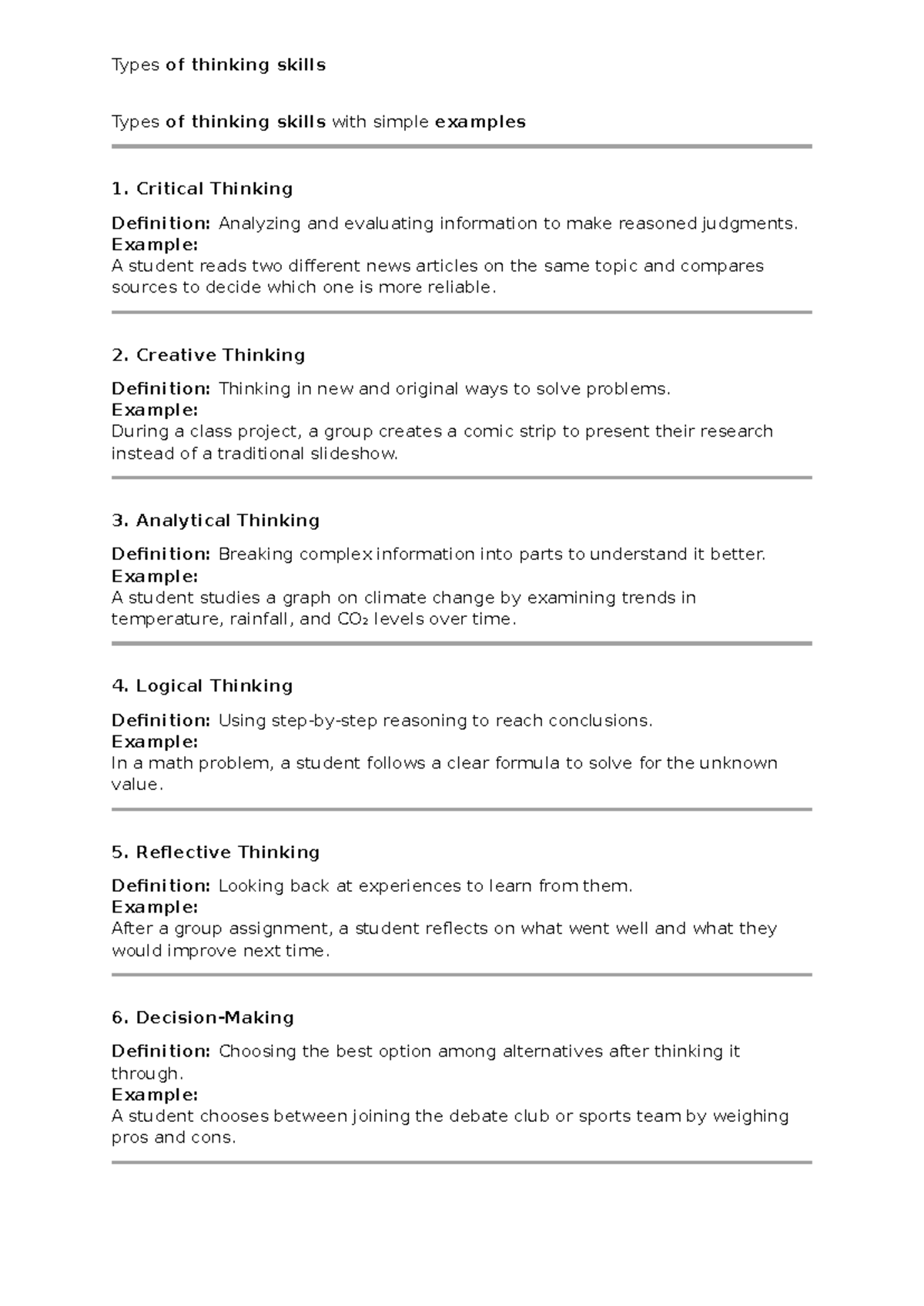 Types of Thinking Skills: Definitions & Examples for 1 - Studocu