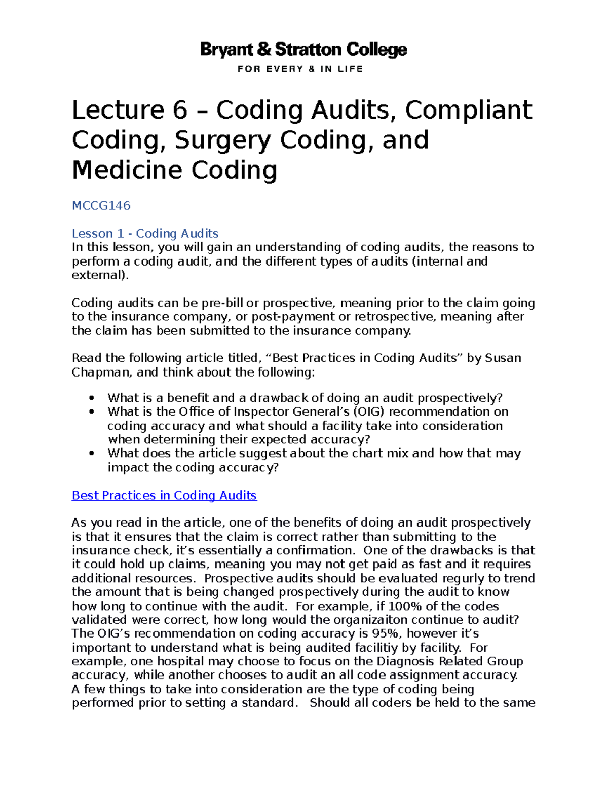 MCCG146 - Lecture 6 - Coding Audits, Compliant Coding and Documentation, and Surgery Coding ...