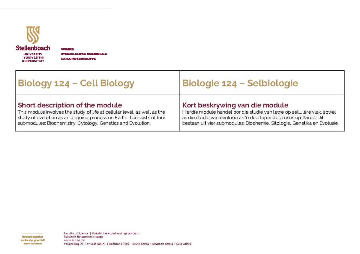 Biology 124 – Cell Biology Module Framework for 2024 - Studocu