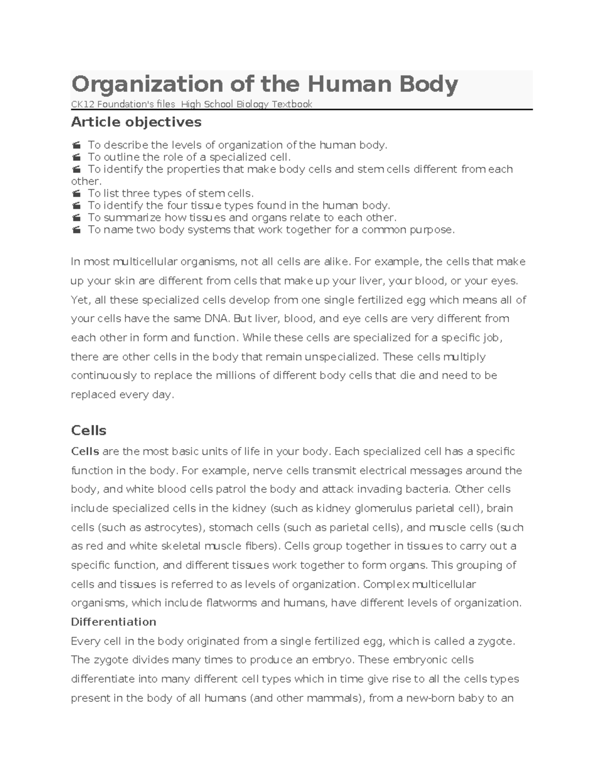Organization of the Human Body: Levels, Cells, and Tissues - Biology ...