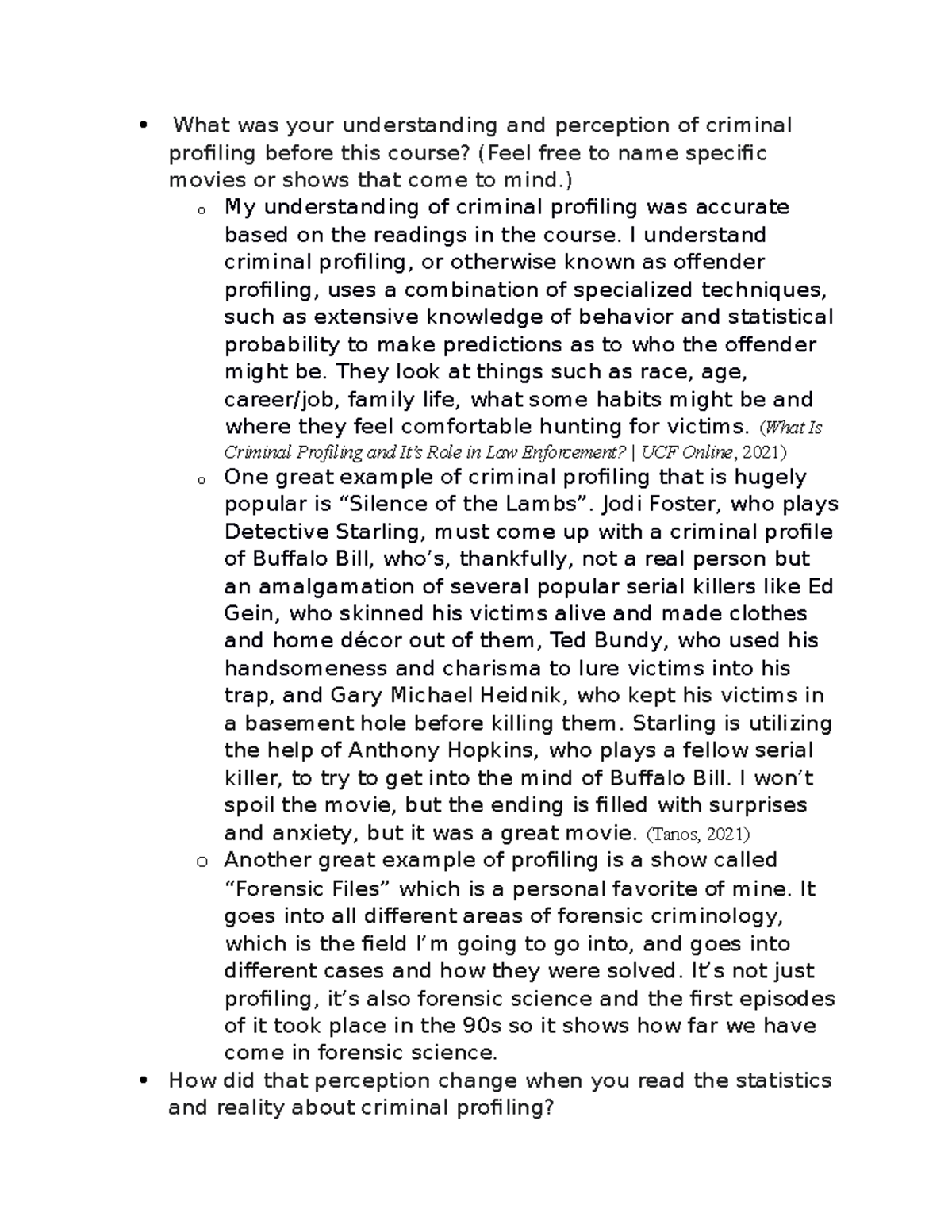 PSY205 6-1 Discussion: Insights on Criminal Profiling in Media - Studocu