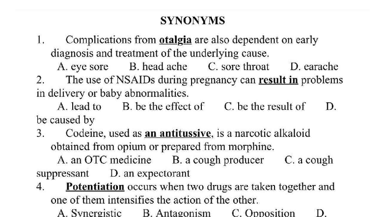 SYNONYMS & DRUG EFFECTS: ECE48648 Study Guide - Studocu