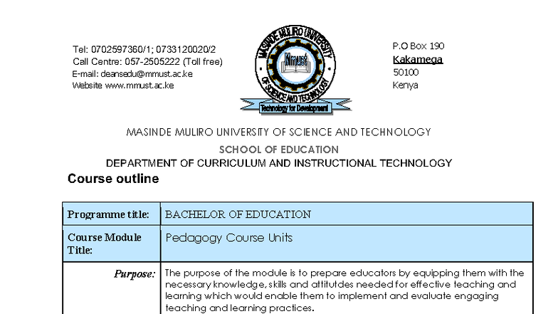 CIT 214: Course Outline for Introduction to Teaching & School Ops - Studocu