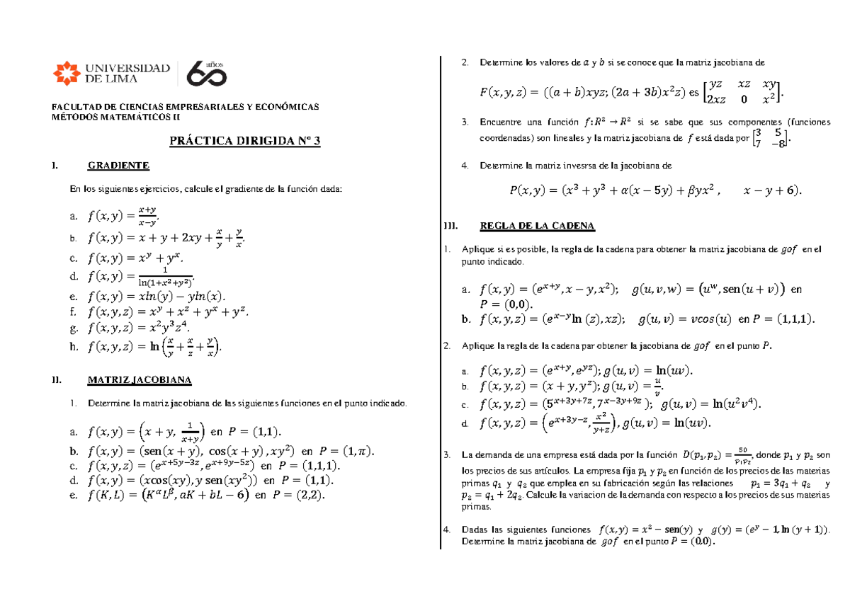 Práctica Dirigida 3: Matriz Jacobiana en Métodos Matemáticos II - Studocu