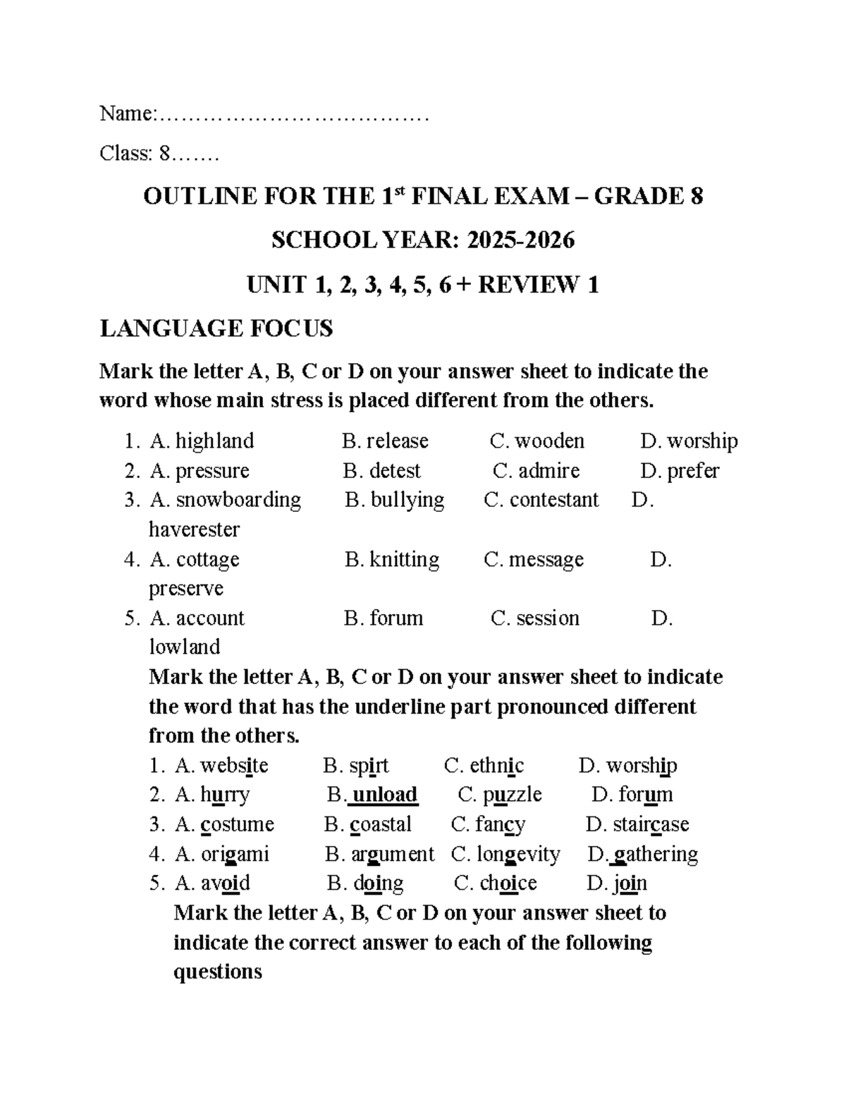 Grade 8: Outline for 1st Final Exam Review - Units 1 to 6 - Studocu