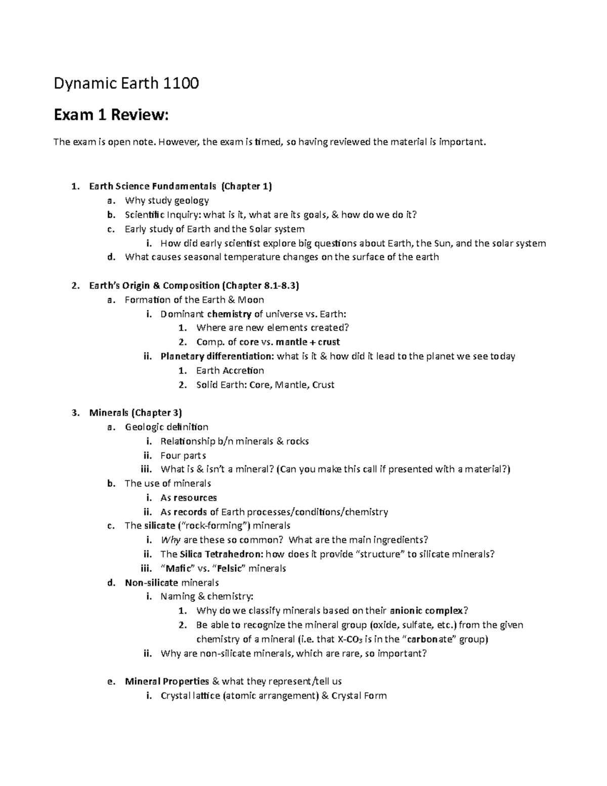 Study Guide Midterm 1 - Dynamic Earth 1100 Exam 1 Review: The exam is ...