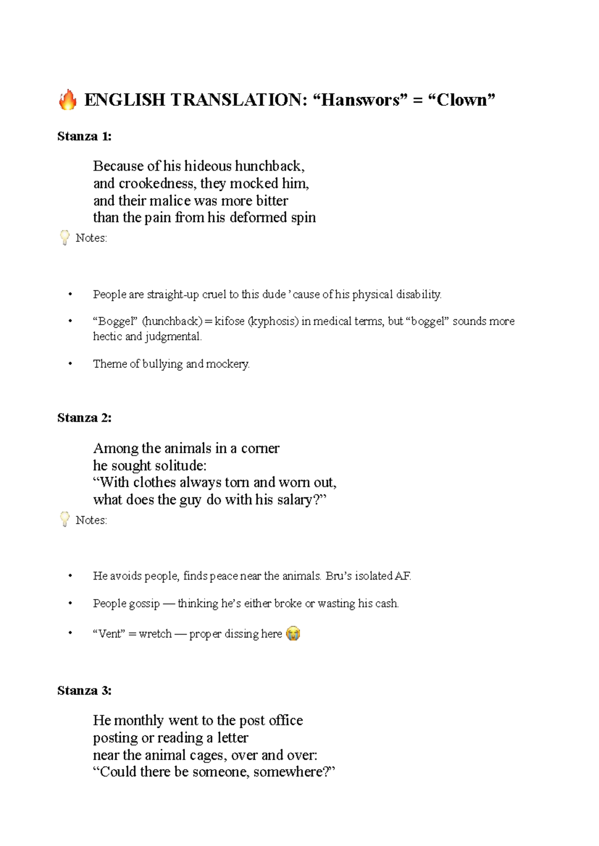 ENGLISH TRANSLATION: Analysis of "Hanswors-Clown" Poem - Studocu