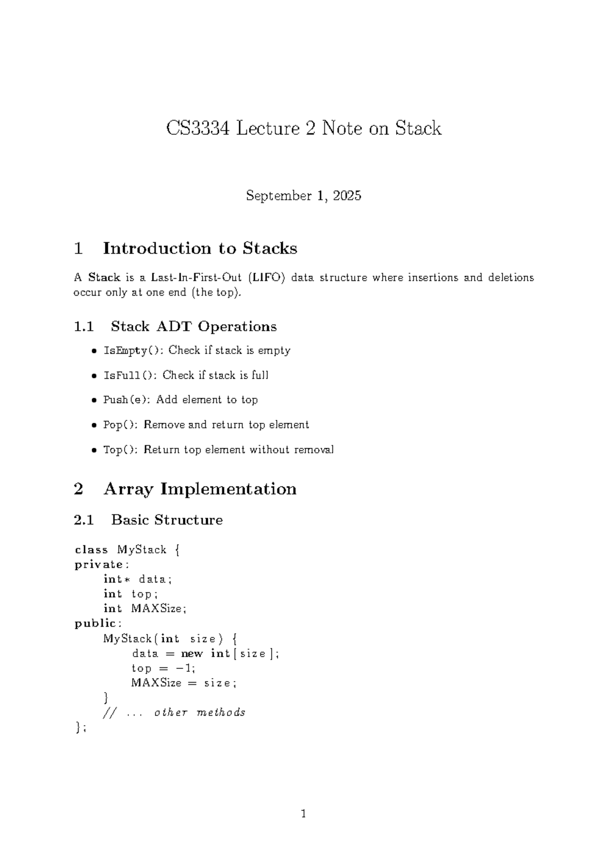 CS3334 Lecture 2: Stack Data Structure Overview and Operations - Studocu