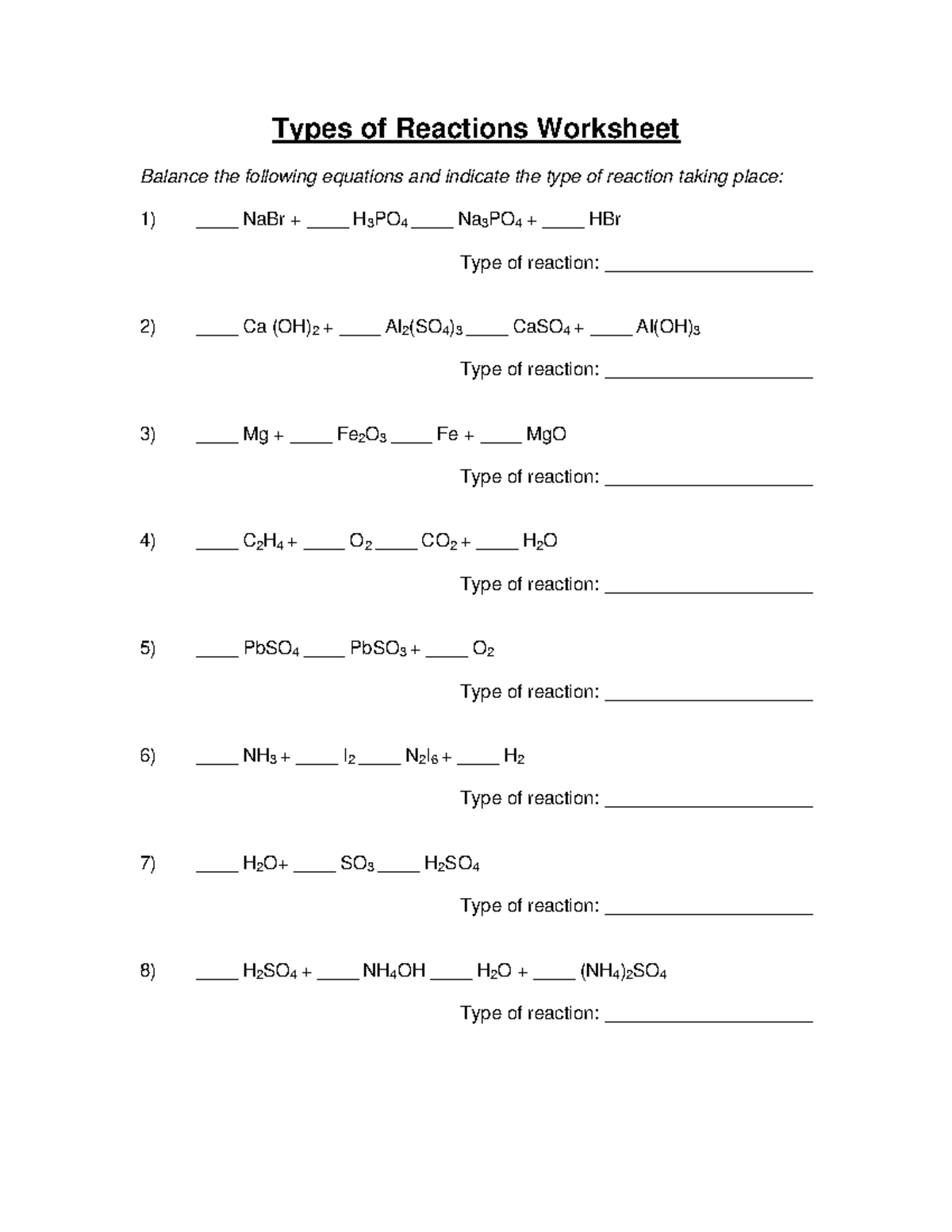 Types of Reactions Worksheet: Balancing Equations & Solutions - Studocu
