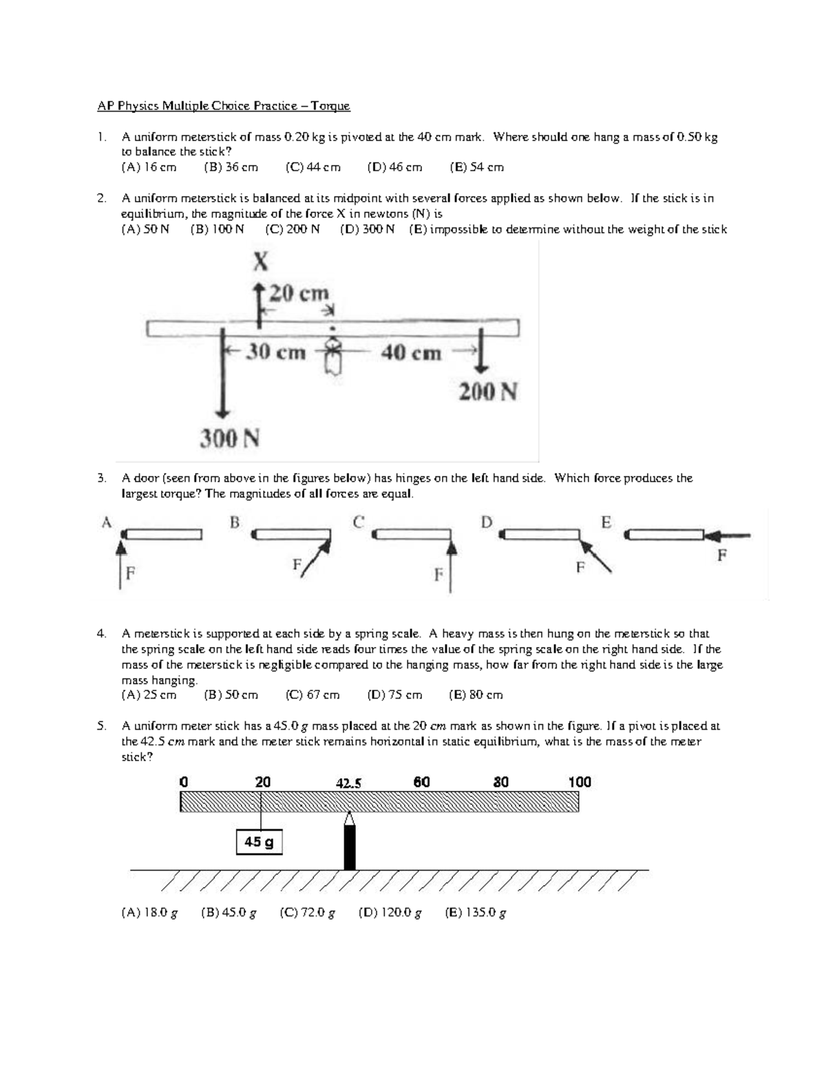 AP Physics (3a) Multiple Choice Practice on Torque - Studocu