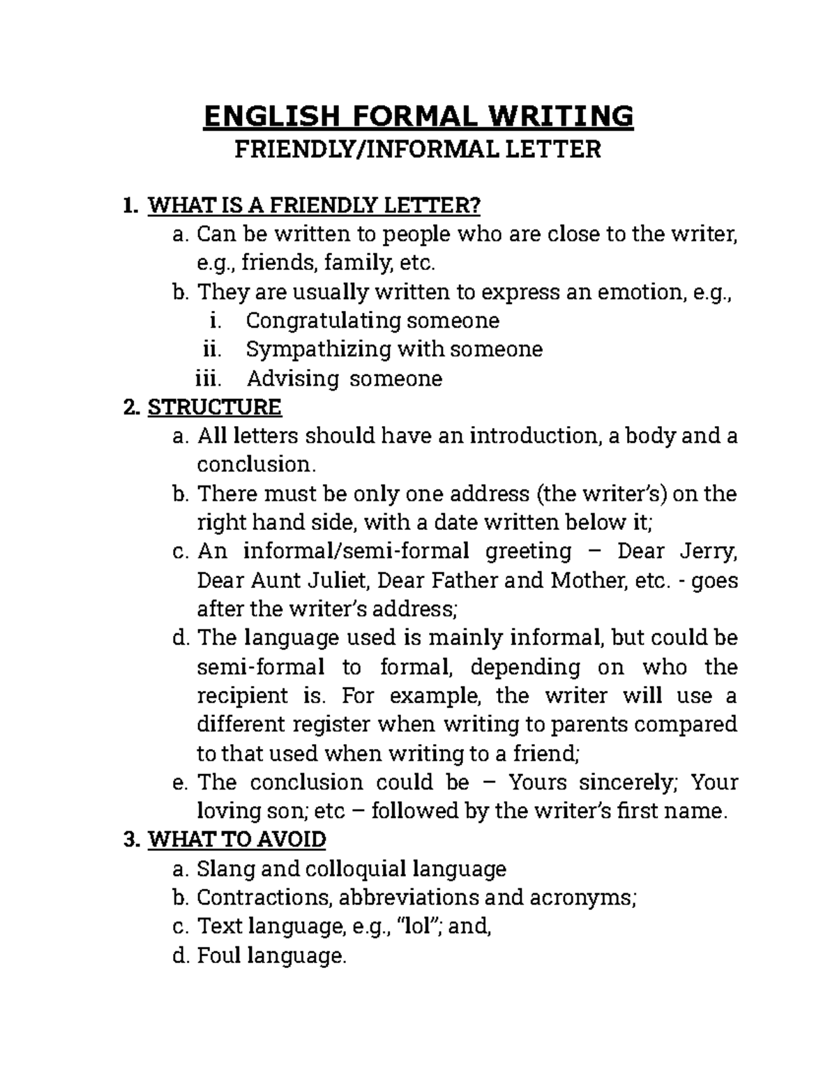 Grade 11 - English Final Writing - Informal Letter Structure Guide ...