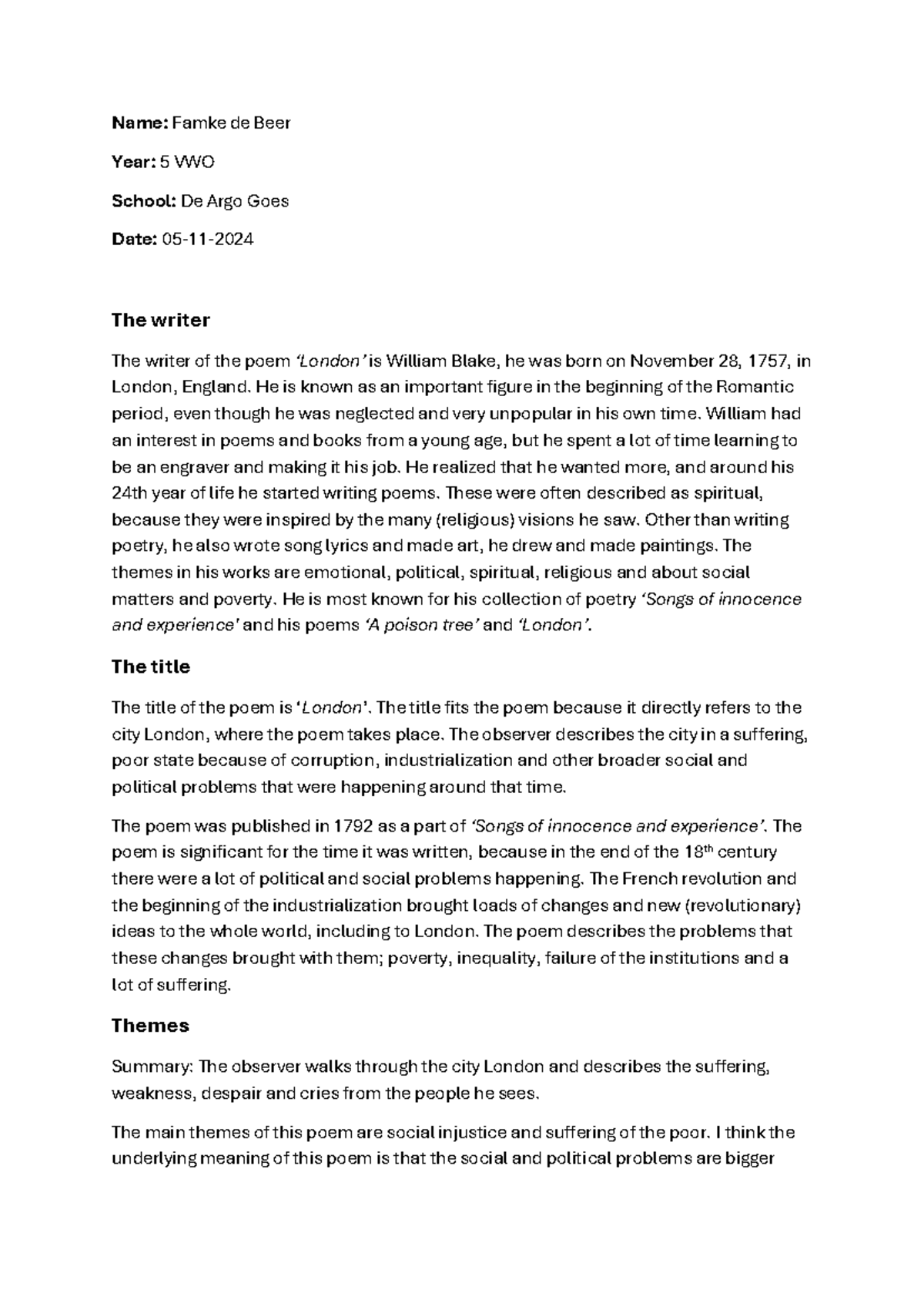Poem Review: William Blake's "London" - 5 VWO Analysis - Studeersnel
