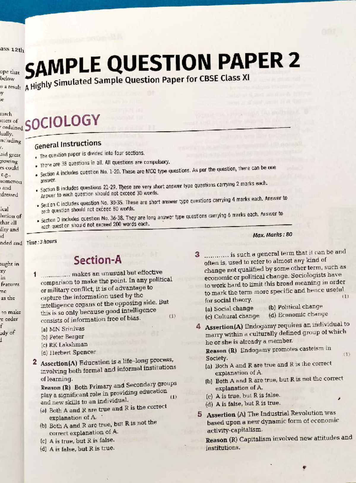Sample Paper for Sociology Class 11 - Question Set and Instructions ...