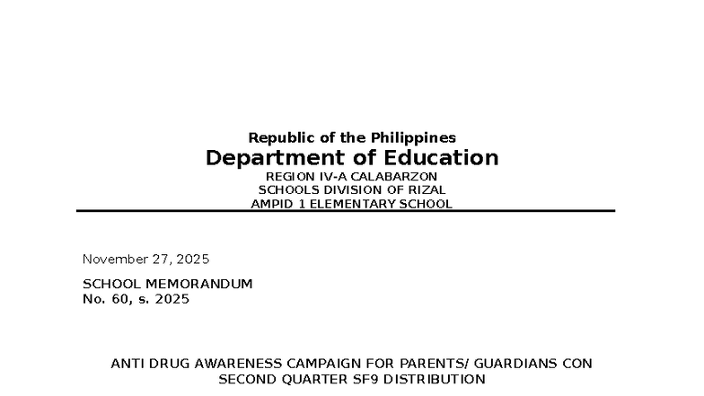 Memo on 2nd Quarter Card Distribution & Drug Awareness Campaign - Studocu