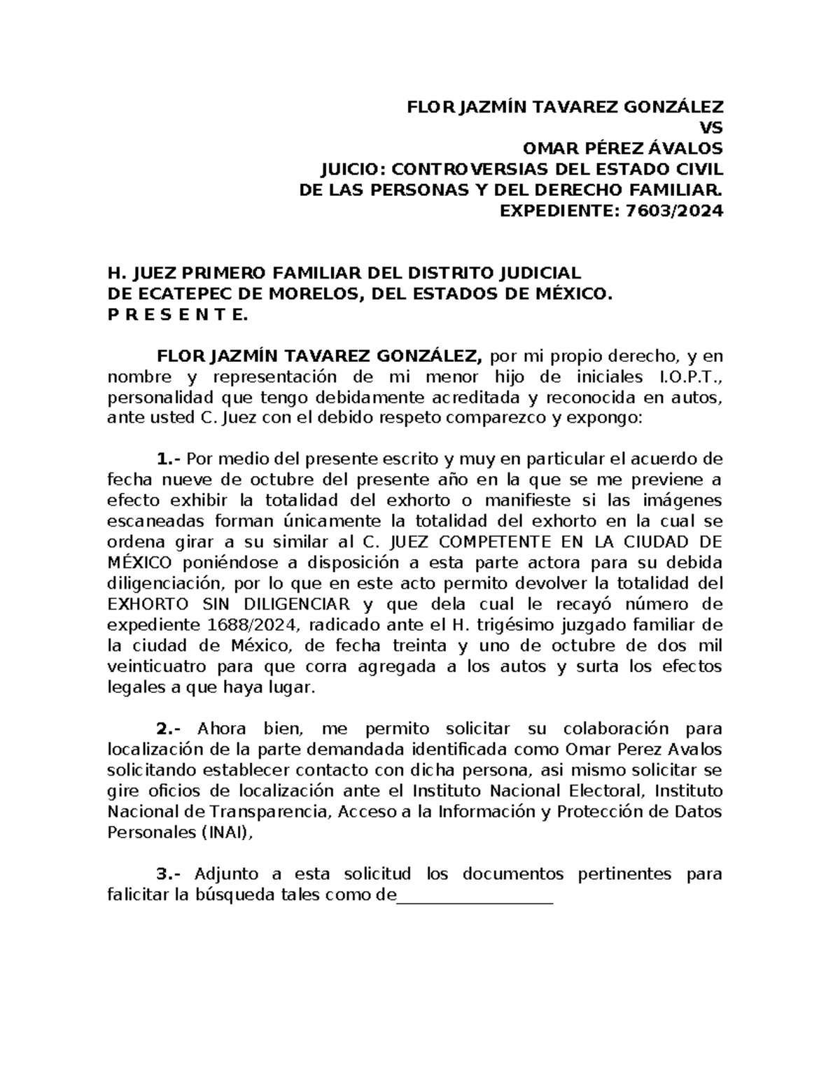 Exhortos SIN Diligenciar - FLOR JAZMÍN TAVAREZ GONZÁLEZ VS OMAR PÉREZ ...