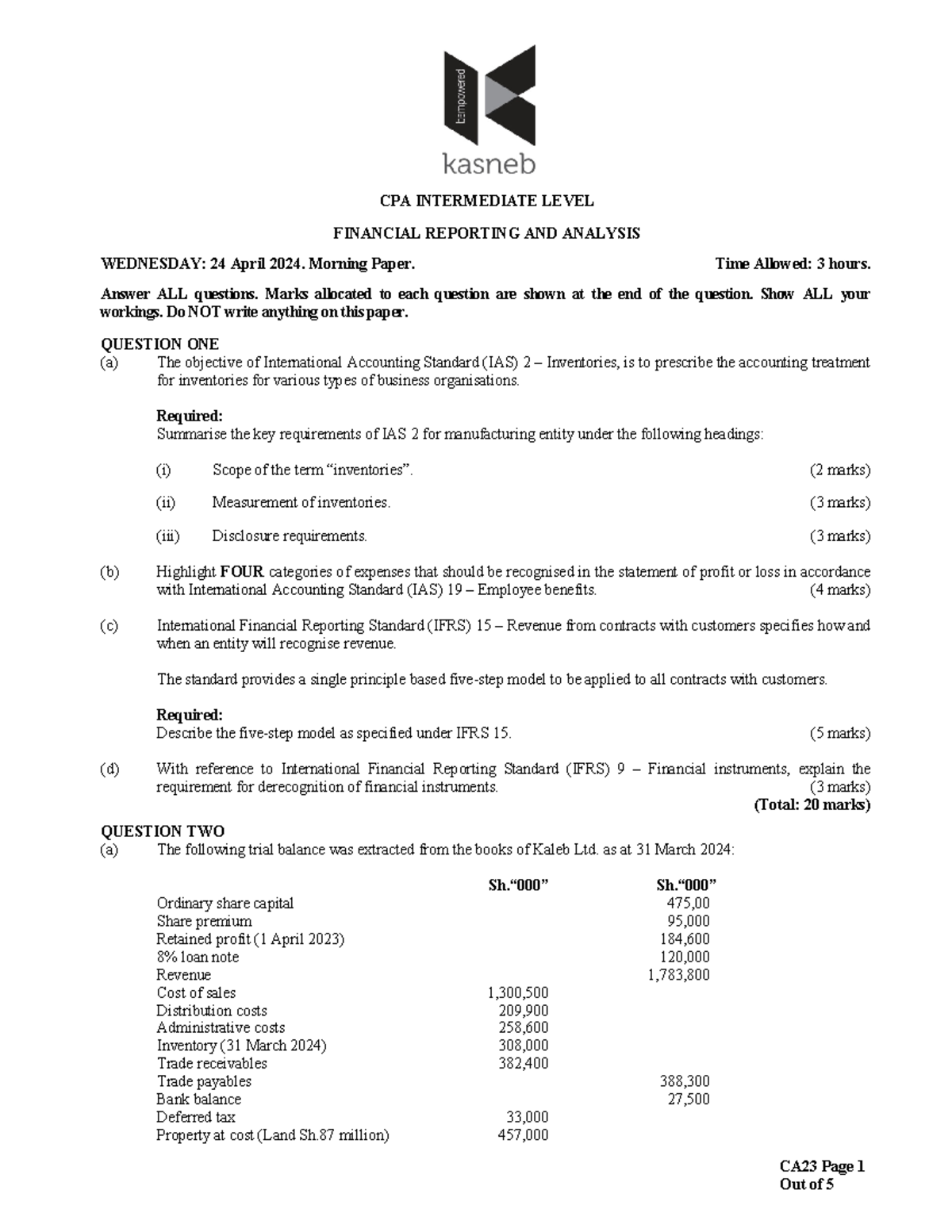 CA23 FR April 2024 - Intermediate Level Financial Reporting Exam - Studocu