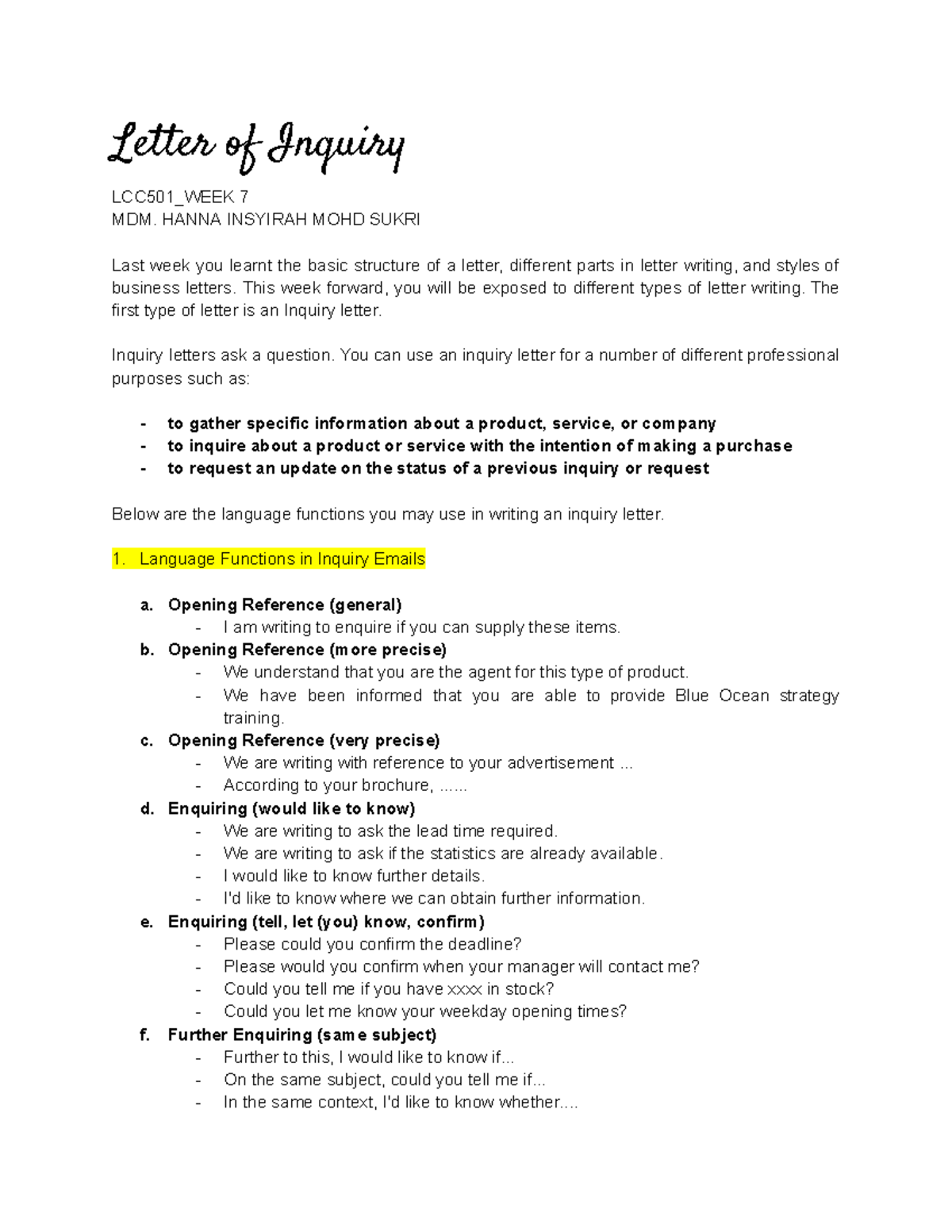 LCC501 W7: Inquiry Letter Writing Fundamentals and Examples - Studocu
